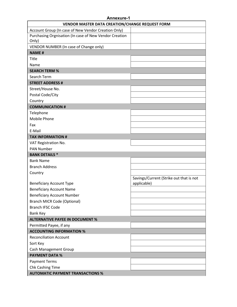 Vendor Master Creation Request Form Vendor Master Creation Request Form